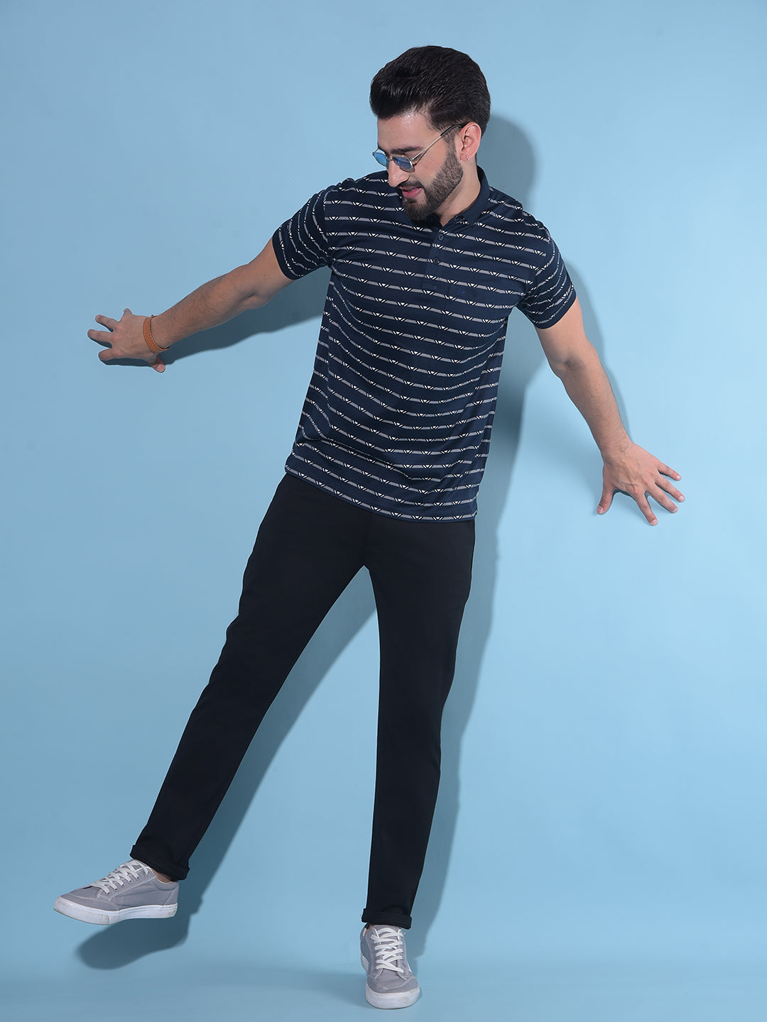 Navy Blue Horizontal Striped 100% Cotton Polo T-Shirt – Crimsoune Club